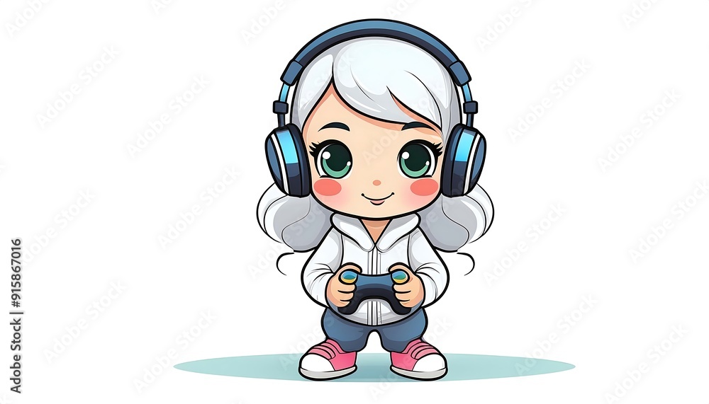 Cute Gamer girl with a headset cartoon character in white background ...