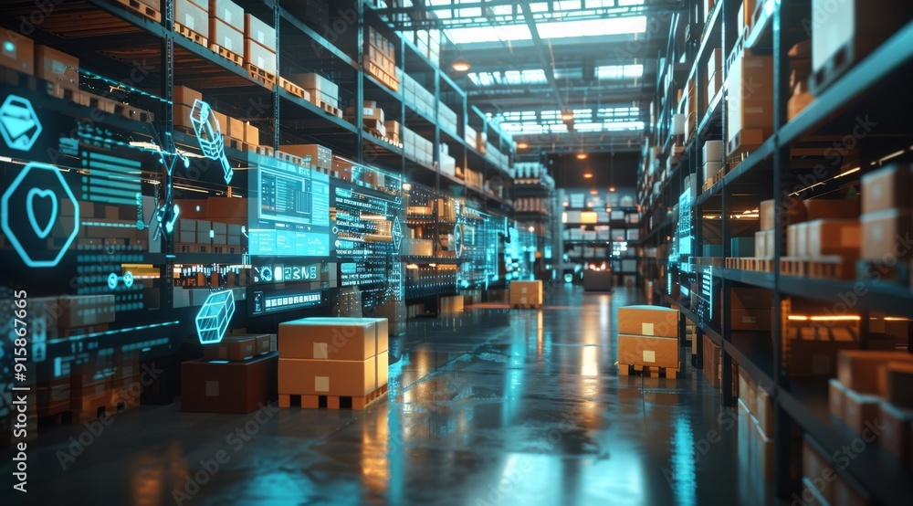 A cutting-edge digital warehouse concept featuring futuristic shelves ...
