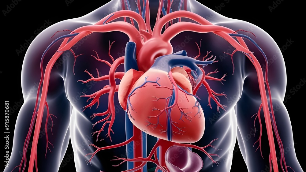 A detailed illustration of the human cardiovascular system, displayed ...