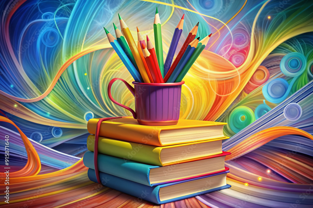 Colorful graphic illustration of stacked school books with crayons and ...
