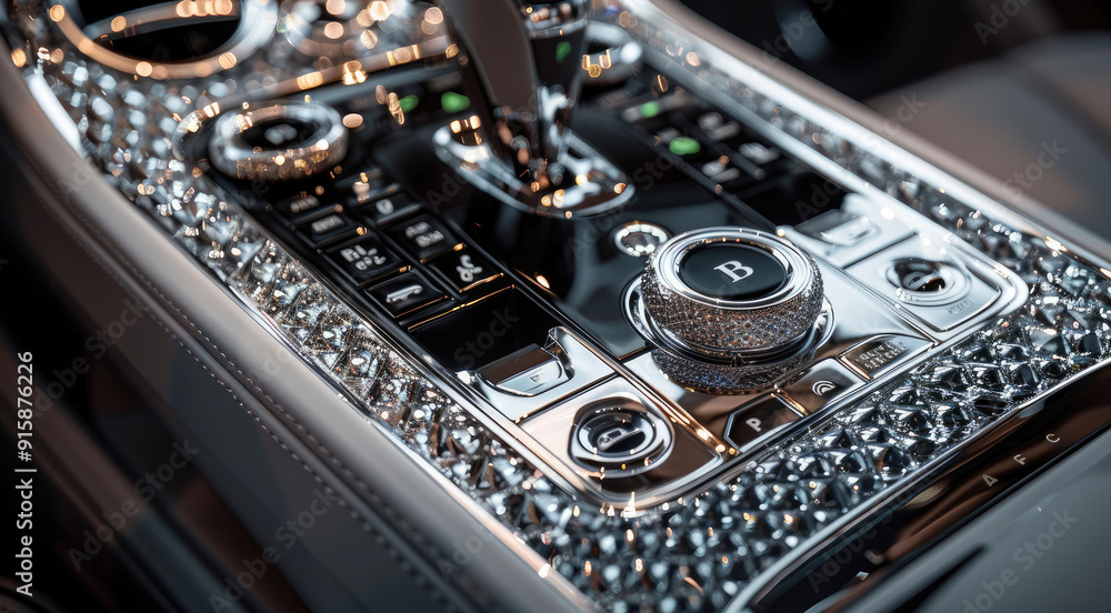 A close-up of a luxury car gear shift console. The gear shift lever is ...