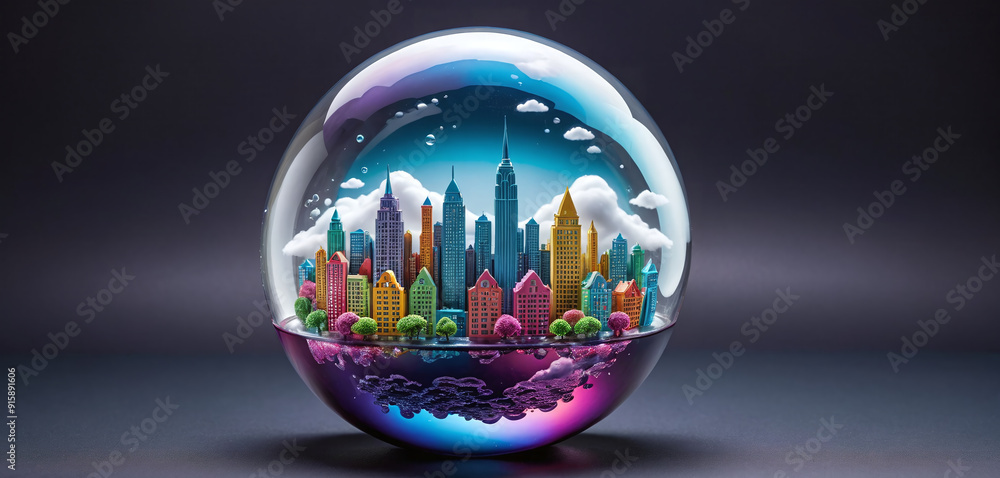 Conceptual representation of a city wrapped in a bubble, city as a self-contained system, rising ...