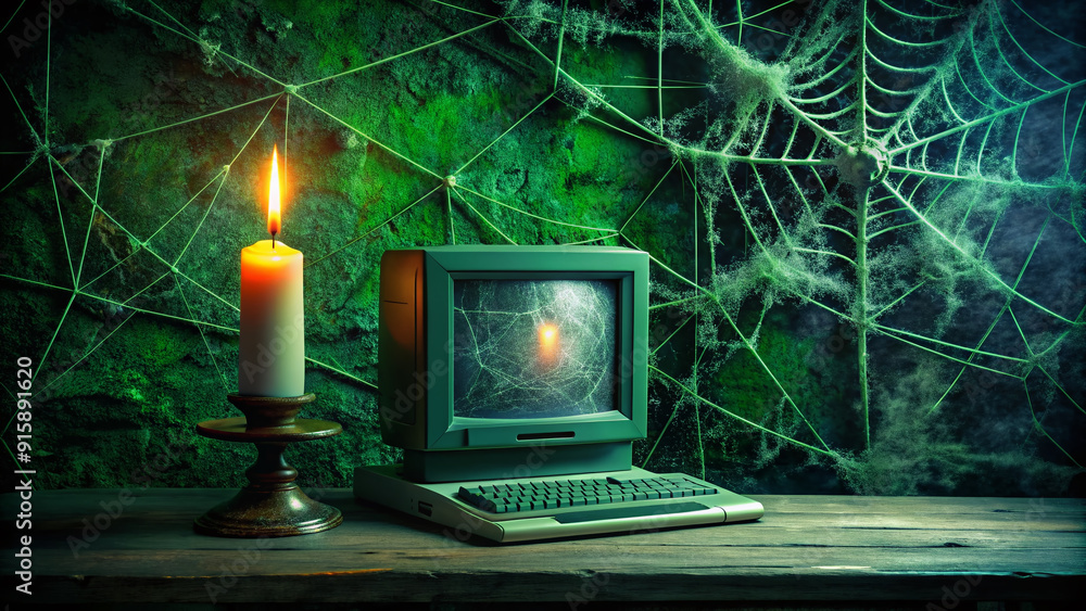 Ominous darkened room with old computer terminal displaying eerie green ...