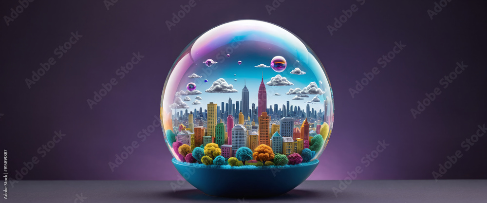 Conceptual representation of a city wrapped in a bubble, city as a self ...
