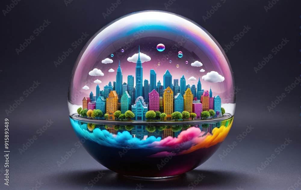 Conceptual representation of a city wrapped in a bubble, city as a self ...