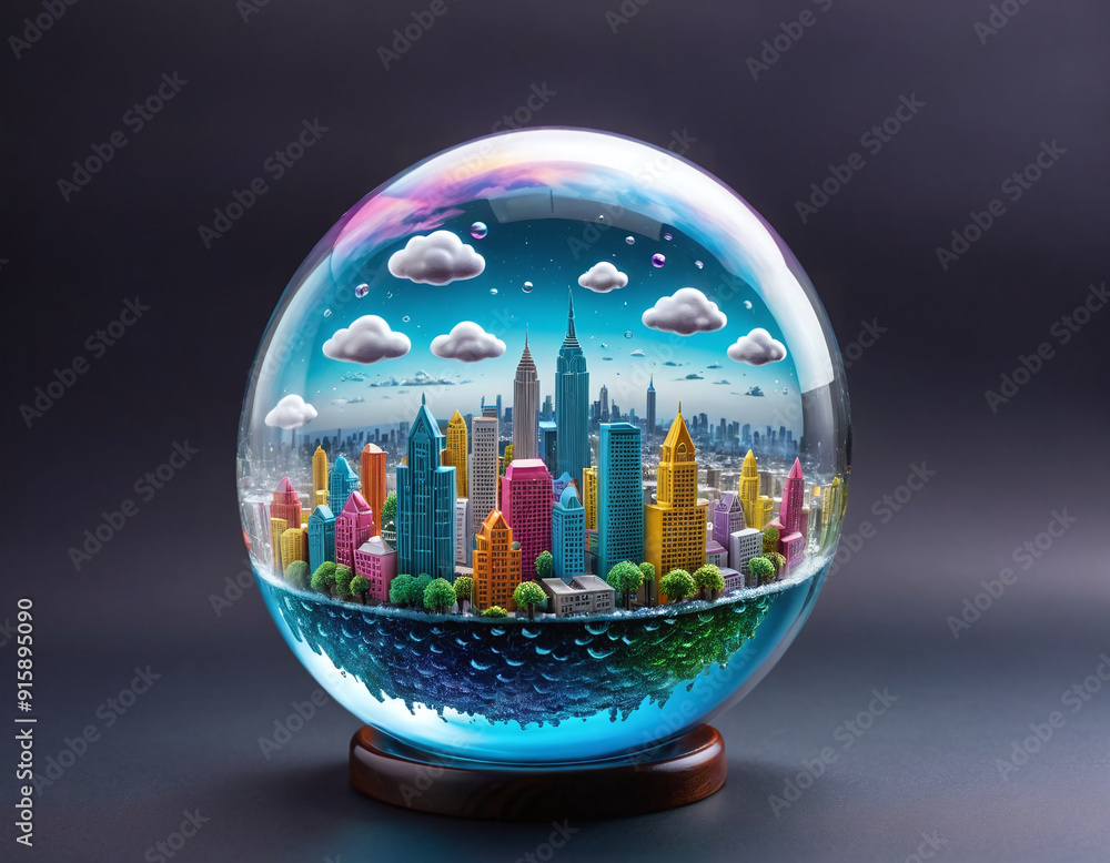 Conceptual representation of a city wrapped in a bubble, city as a self ...
