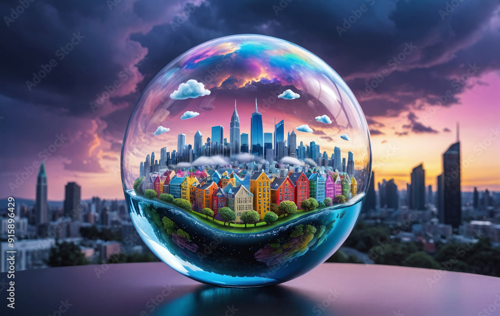 Conceptual representation of a city wrapped in a bubble, city as a self ...