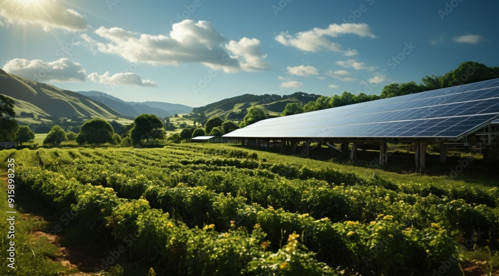 Farmland enhanced with agrivoltaics, where solar panels are ...