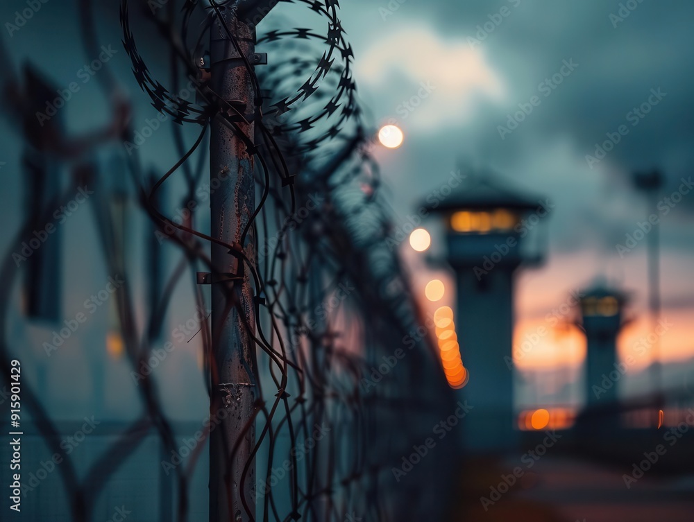 The prison grounds under a cloudy sky, with tall watchtowers and barbed ...