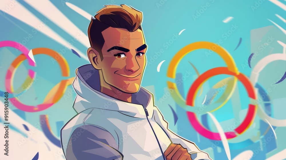 Cartoonstyle Yusuf Dikec with Olympic rings in the background, Olympic ...
