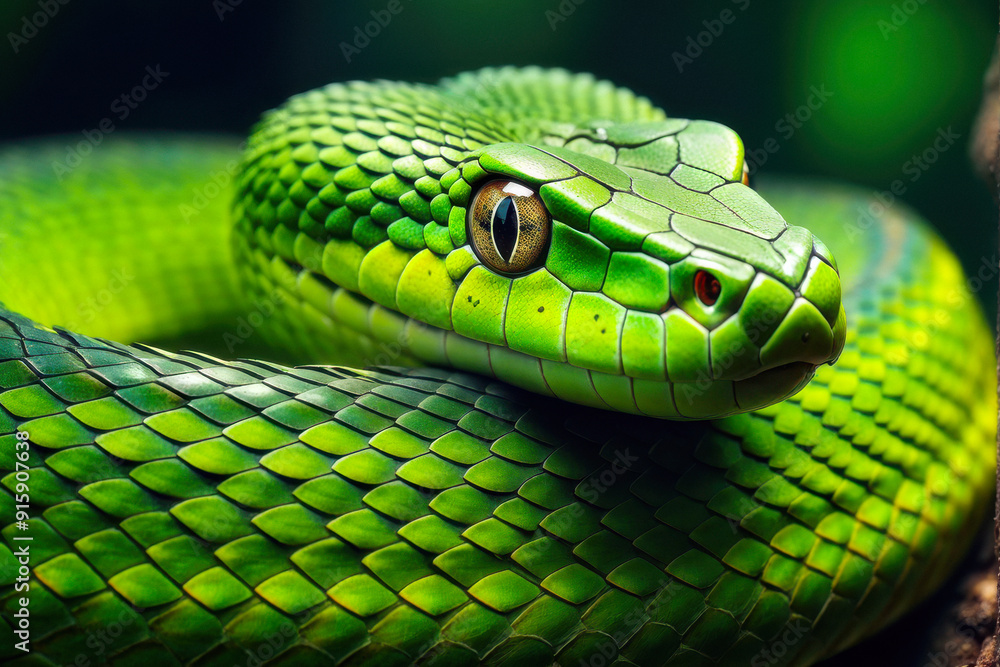 Close up view of dangerous green mamba snake. Snake head close up. The ...