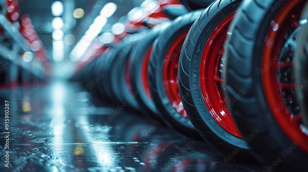 Motorcycles lined up in showroom with vibrant red rims, showcasing ...