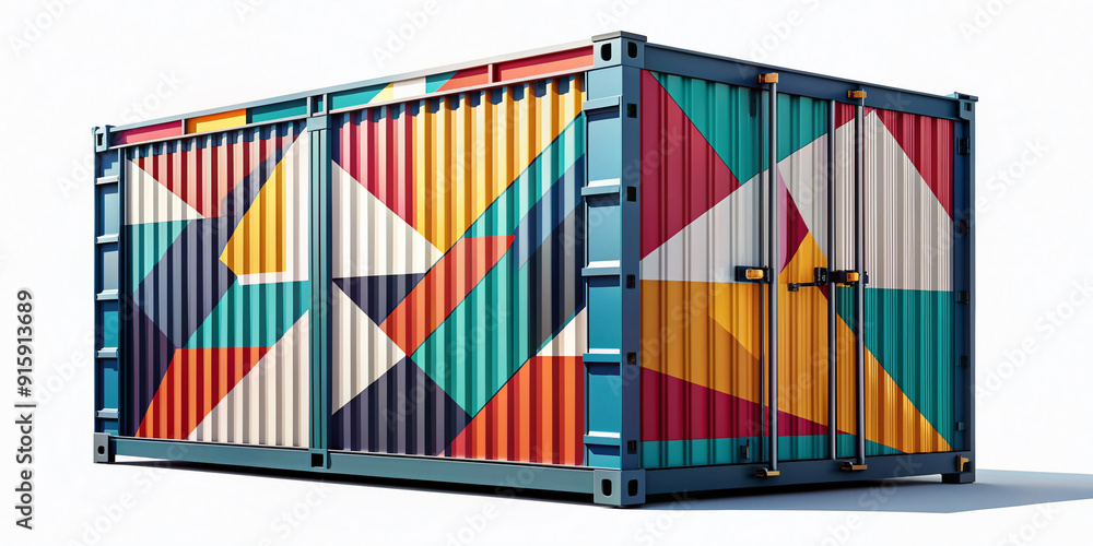 Whimsical illustration of a colorful shipping container with bold lines ...