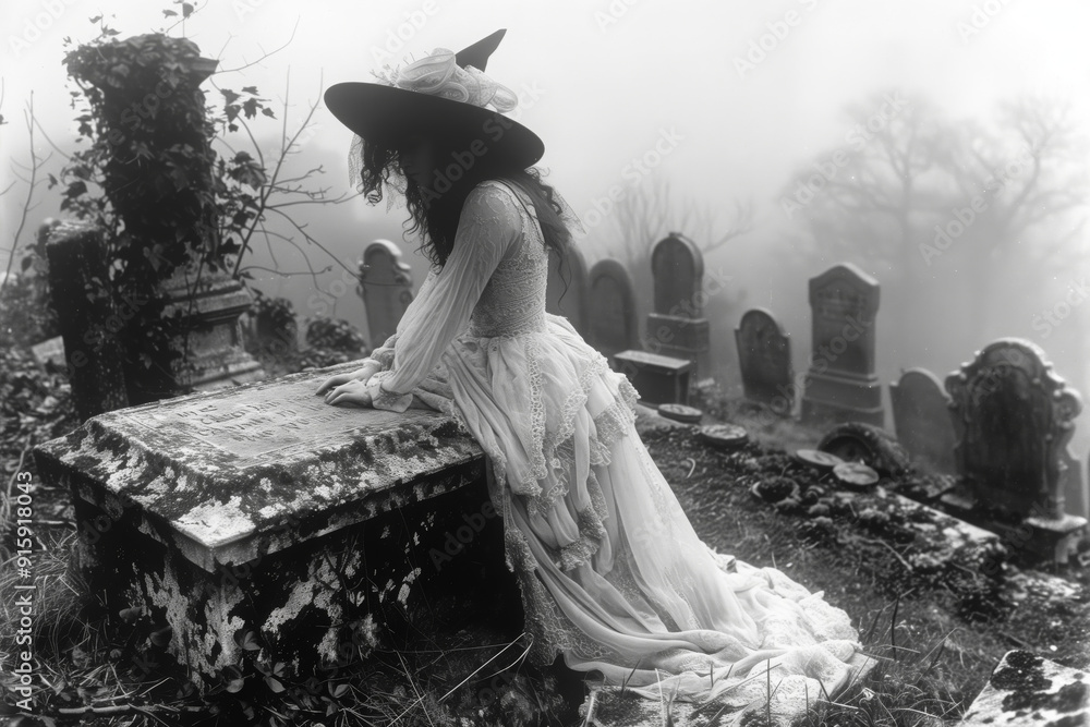 Vintage-style black and white photo of a witch in a traditional white ...