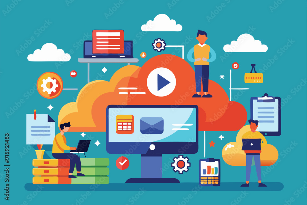 Two Individuals Engage With Laptops Among Cloud Icons Showcasing Cloud Computing Concepts With