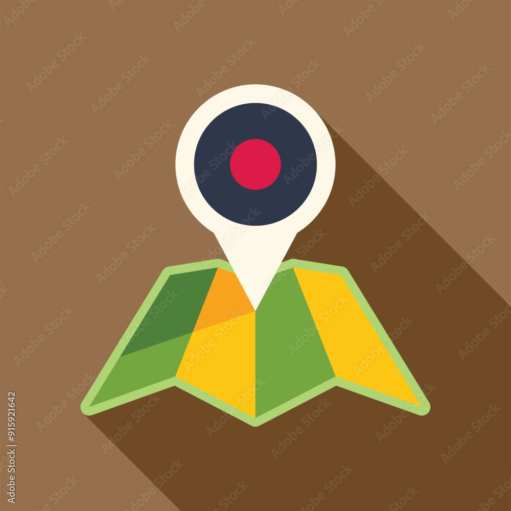 Location pin point icon is marking a place on folded paper map with ...
