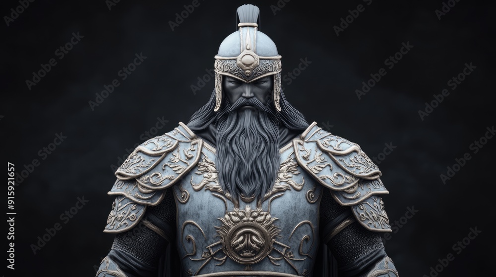 Guan Yu, the Chinese god of war, depicted in full armor with a long ...