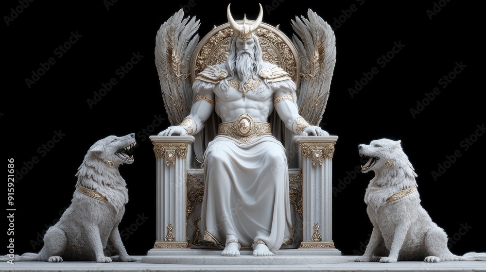 Odin, the Norse Allfather, majestically seated with his wolves by his ...