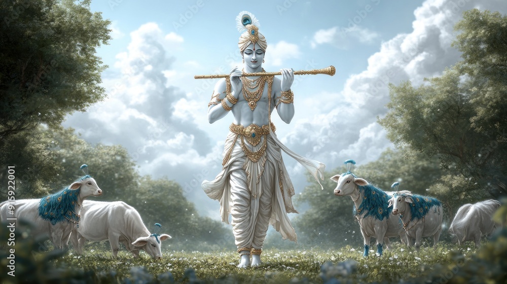 Krishna Playing His Flute Surrounded by Sacred Cows, Symbol of Divine ...
