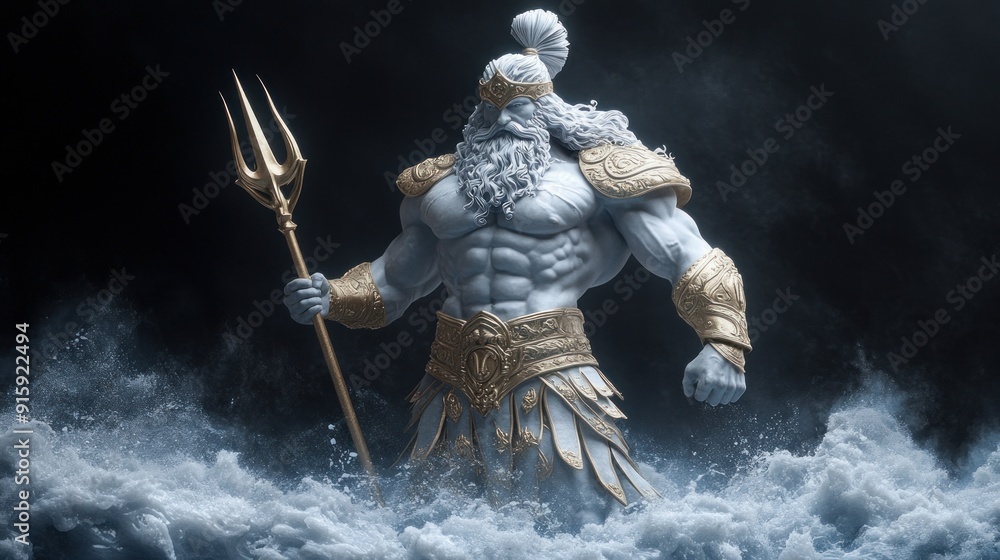 Poseidon, the Greek god of the sea, powerfully emerging from turbulent ...
