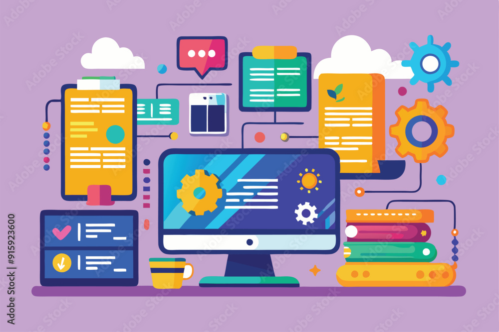 A colorful illustration shows a computer display surrounded by ...