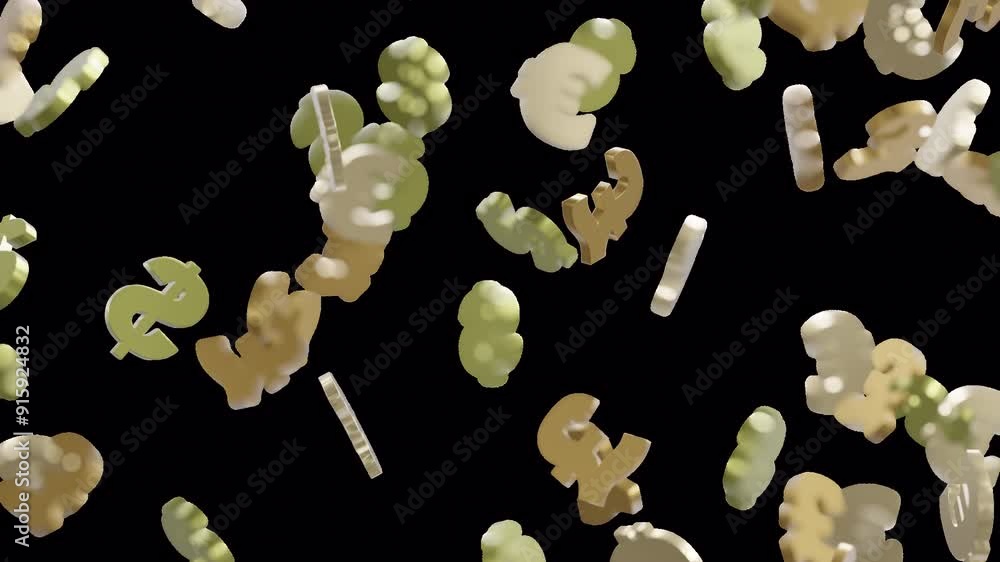 Shiny dollars, euros and pounds signs falling on transparent background ...