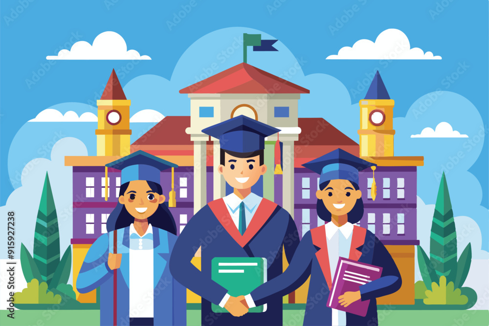 Three college students wearing caps and gowns pose proudly with ...