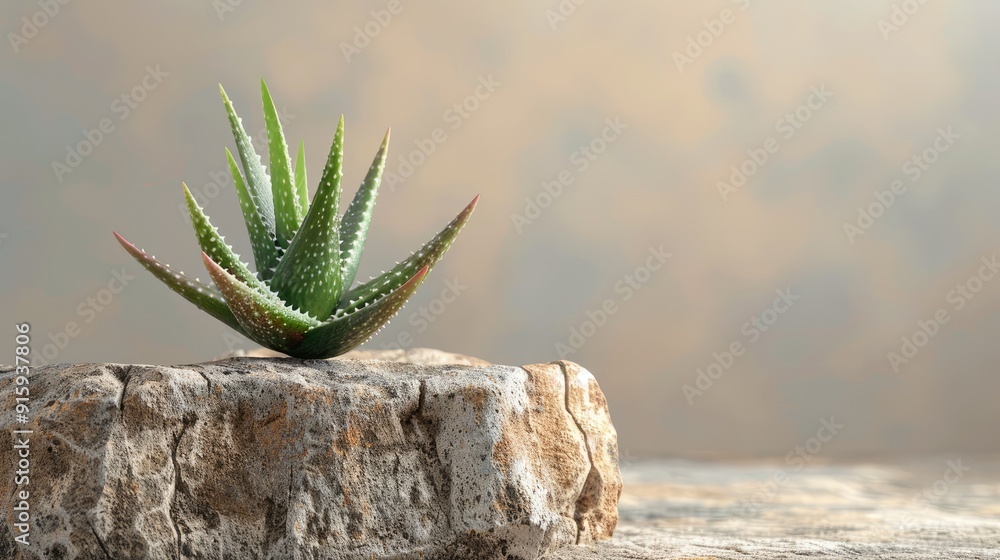 Aloe vera plant on a rock in front view with product podium and space ...