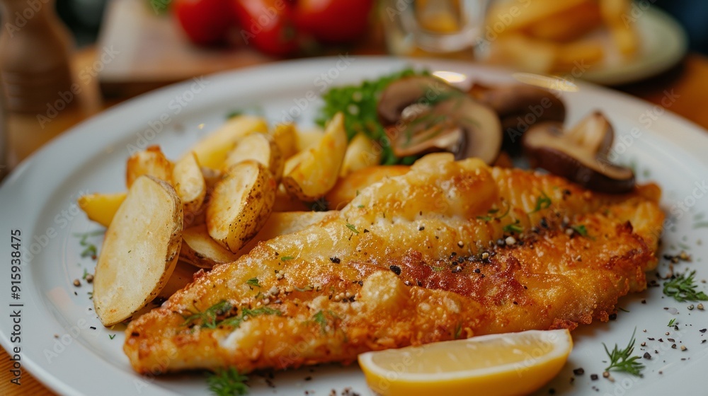 The national cuisine of Canada. Fried fish in shredded potato or rice ...