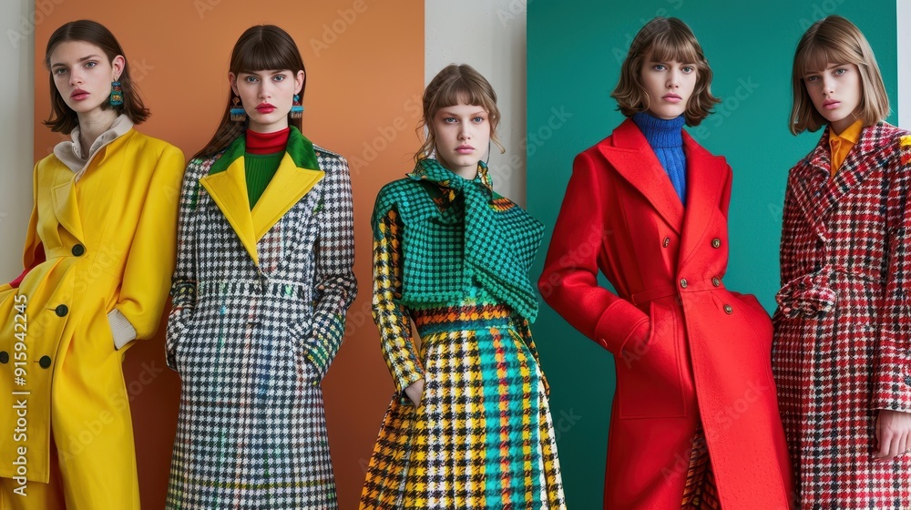 Five models pose together in fashionable coats, displaying bold colors ...