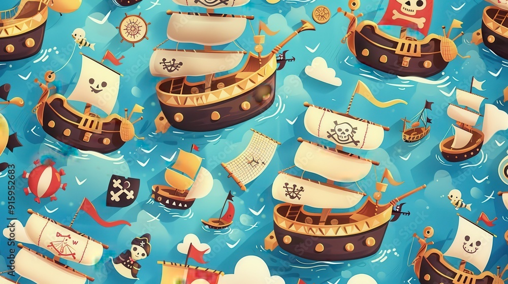 Cartoon pirate ships sail in a cheerful blue ocean, creating a playful ...