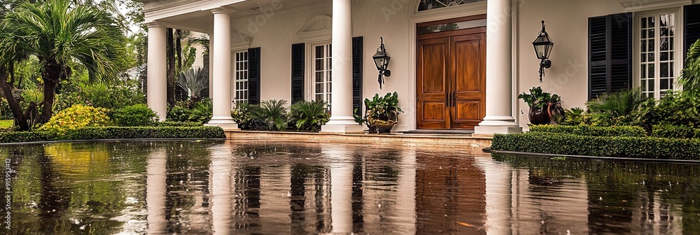 Florida luxury home with prominent teak door entryway and shuttered ...
