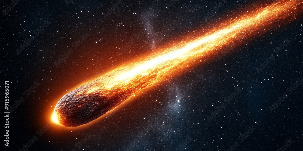 comet streaks across the night sky, leaving a vibrant, colorful train ...