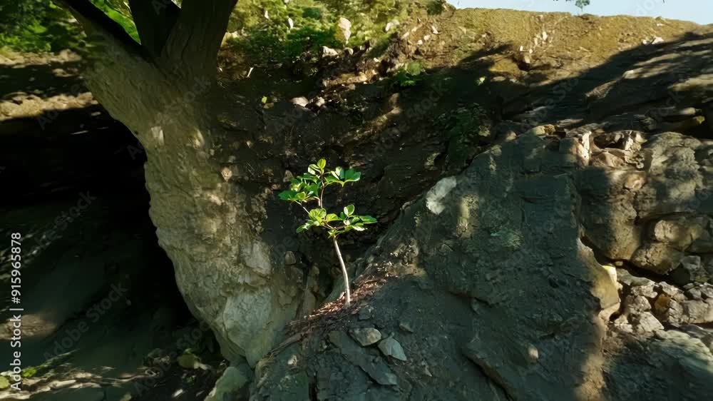 A timelapse footage shows a tree growing out of a narrow crevice in a ...