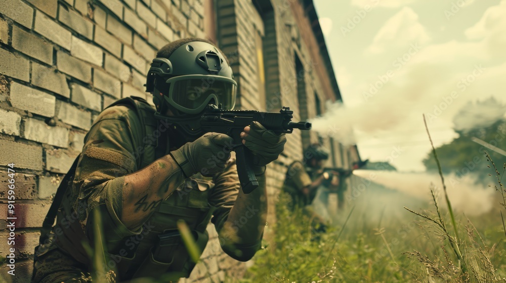 Man and games, gun and target, fitness and battlefield challenge, war ...