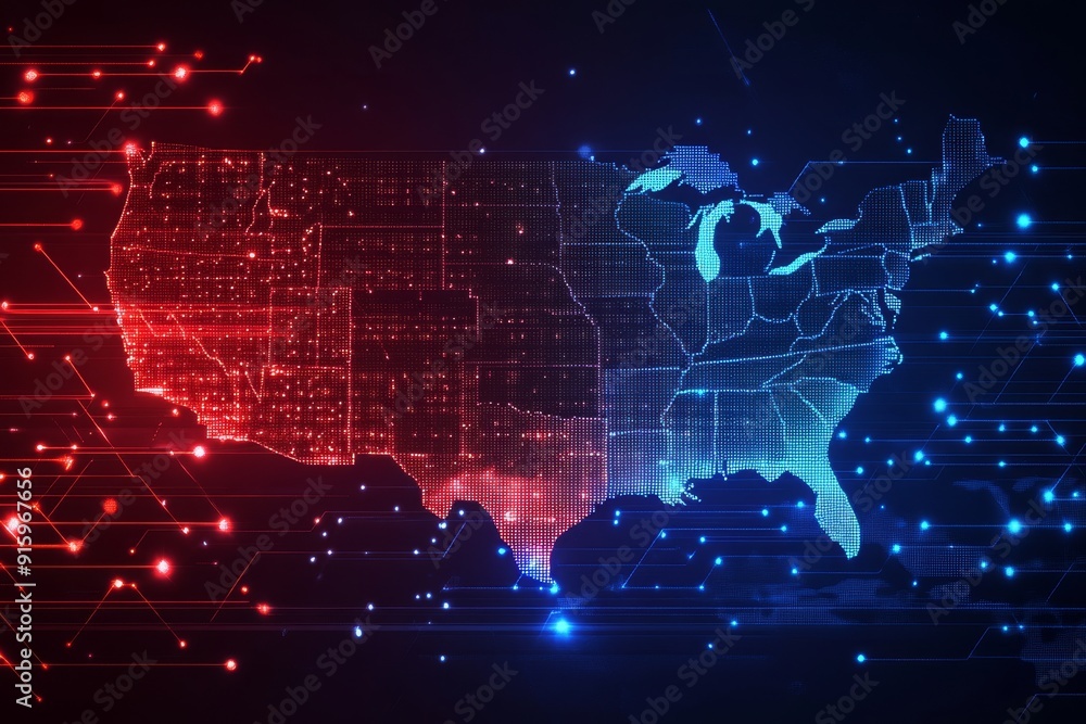 Digital map of the United States split into red and blue, representing ...