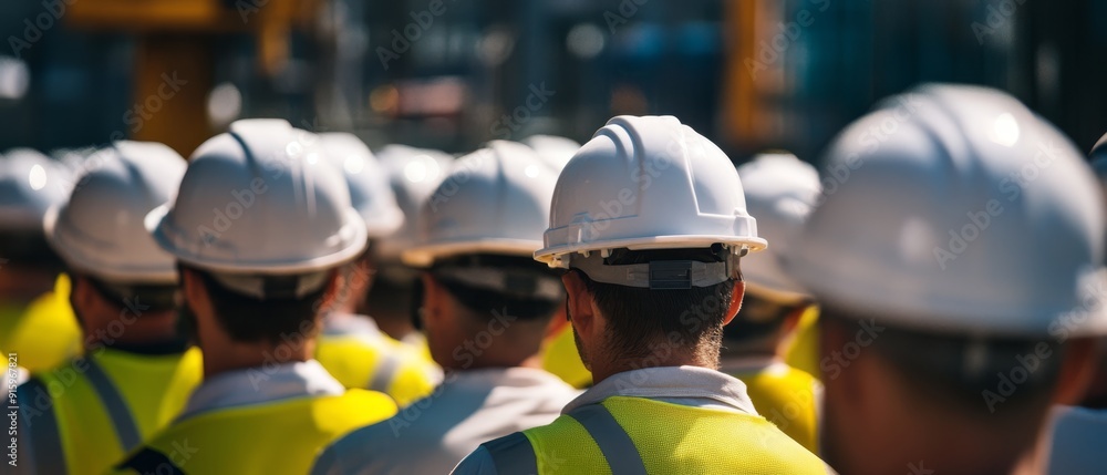 Back view of construction workers wearing helmets and reflective vests ...