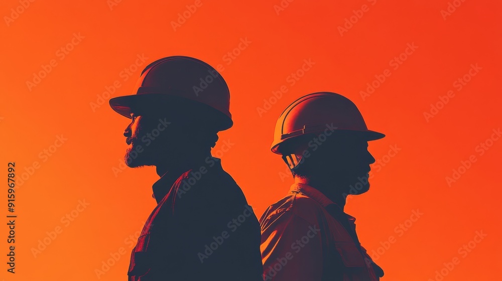 Two construction workers standing back-to-back, silhouetted against an ...