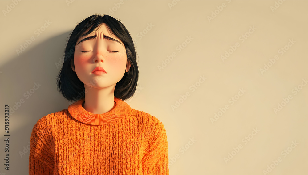 Disheartened young Asian woman wearing an orange sweater in a 3D style ...