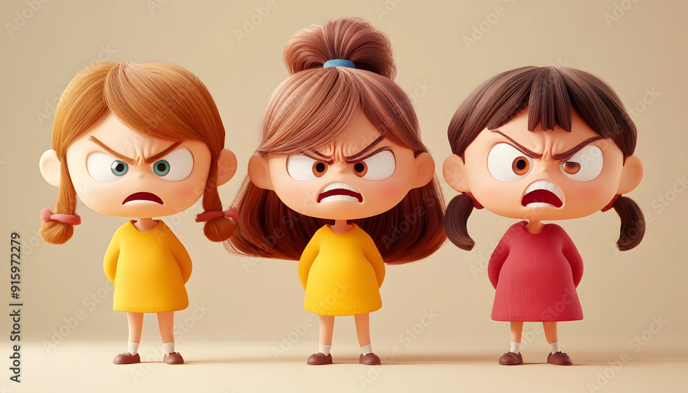 Furious trio of cartoon girl characters in 3D style illustration ...