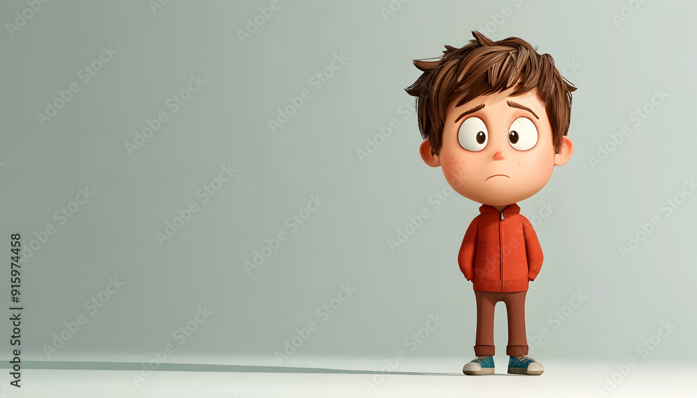 Sad young boy standing alone, rendered in a 3D cartoon style ...