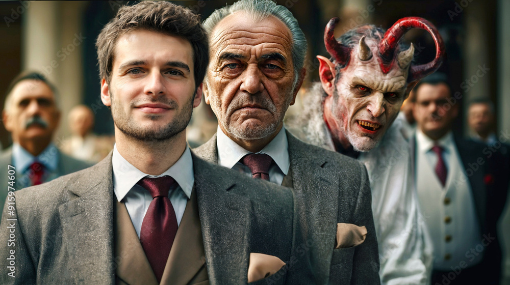 Father and son wearing suit, a pact with the devil, across generations ...
