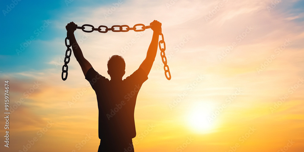 man stands in a natural field, breaking free from chains, symbolizing ...