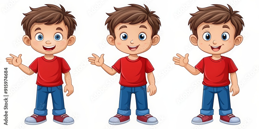 cartoon boy in different poses and expressions wearing a red t-shirt ...