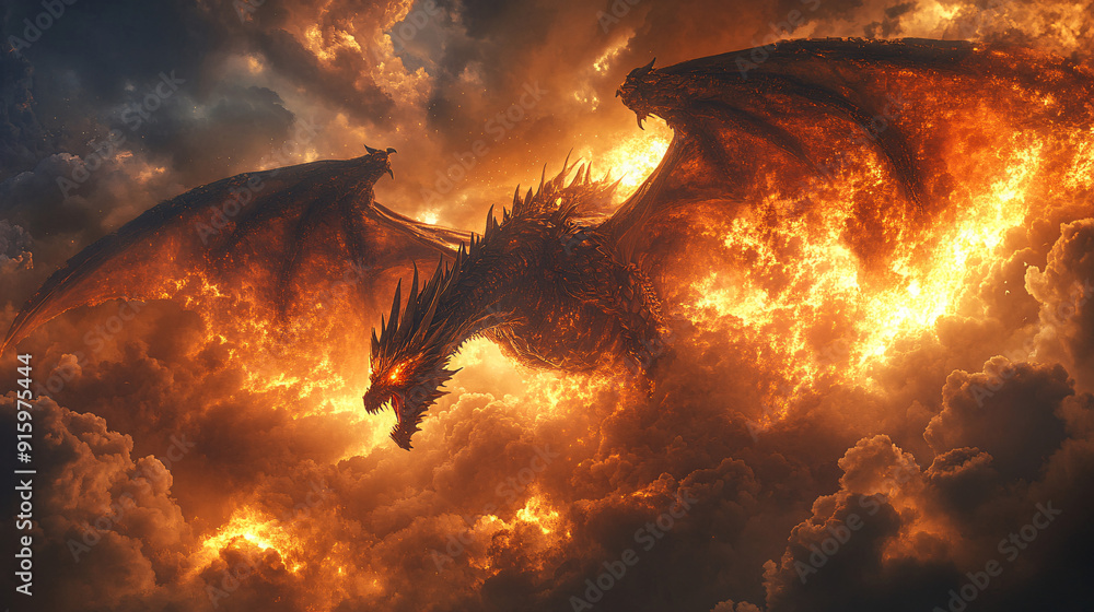 Inferno Dragon's Fury: A colossal dragon with glowing eyes unleashes a ...