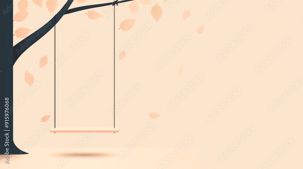 2D illustration of a lonely swing suspended from a tree with basic ...