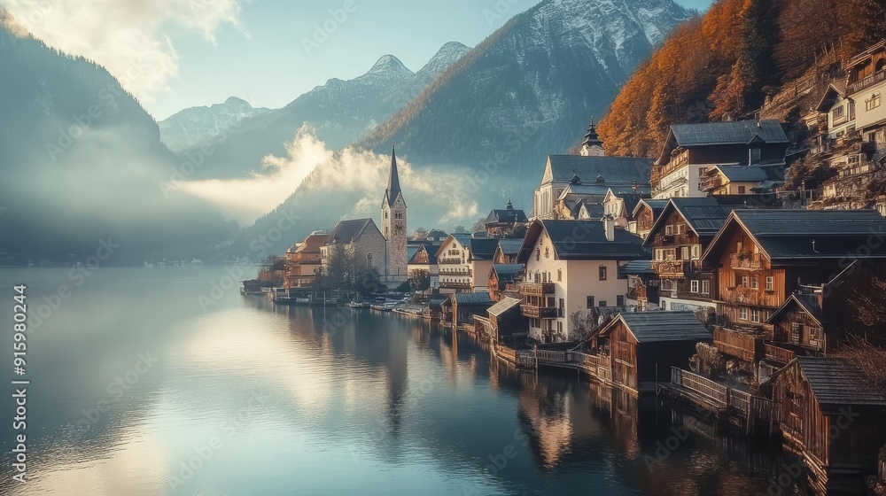 Breathtaking panorama of the renowned Hallstatt mountain village and ...