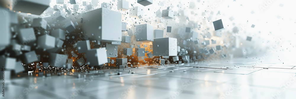 Abstract 3D white cubes dissolving in motion, isolated on a transparent ...