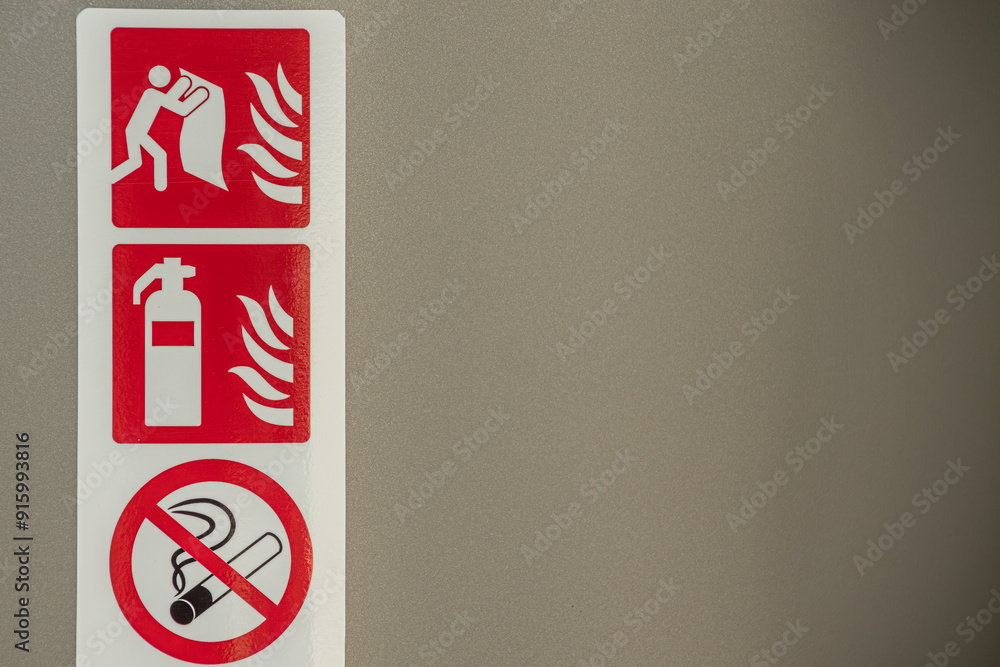 A set of fire safety and no smoking signs displayed on a wall. The red ...
