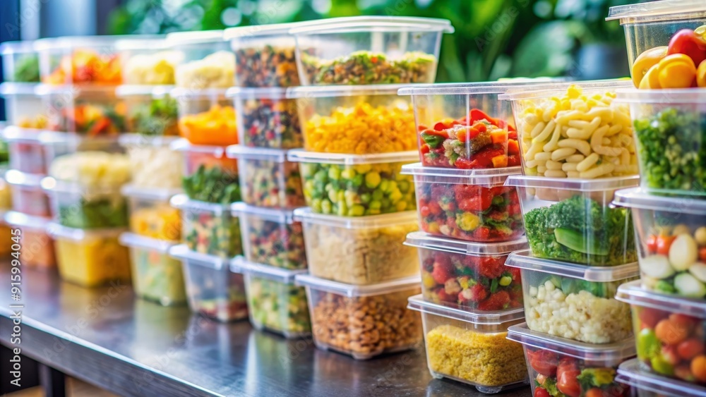 Food in plastic containers on display with background , food, plastic ...